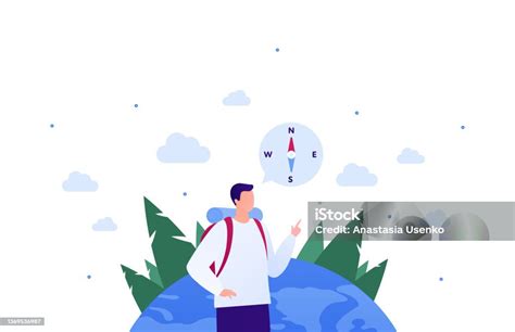 관광 및 하이킹 모험 개념 벡터 플랫 피플 일러스트레이션 배낭과 남자 관광 숲과 나침반 기호와 행성 지구 자연 공원 트레킹 여행을위한 디자인 나침반에 대한 스톡 벡터 아트