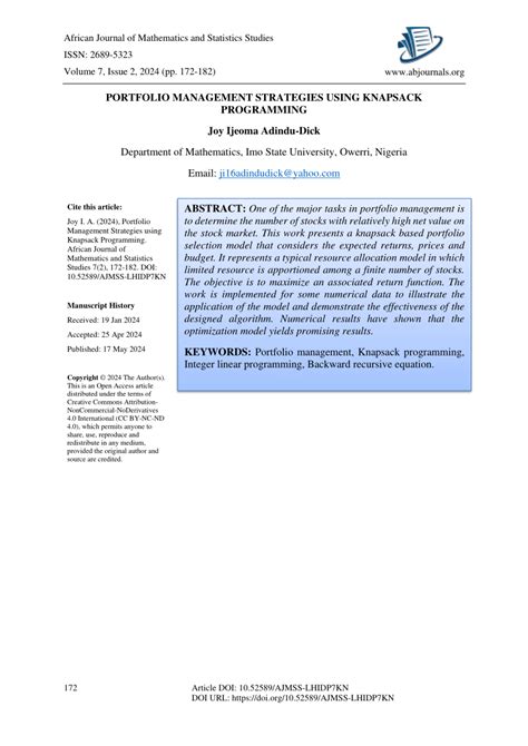 pdf portfolio management strategies using knapsack programming