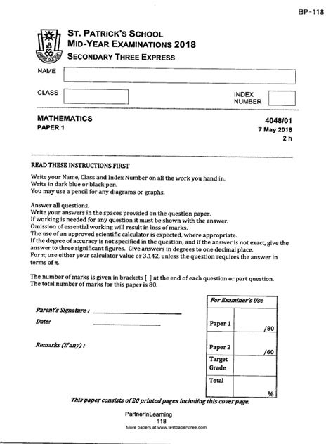 2018 Secondary 3 Emath St Patrick Secondary School Mye Pdf
