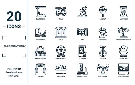 놀이 공원 선형 아이콘 세트입니다 얇은 라인 범퍼카 레이싱 게임 롤러 코스터 탑 스핀 슈팅 게임 웹 보고서 프리젠 테이션 다이어그램 웹 디자인을위한 수정 구슬 아이콘을
