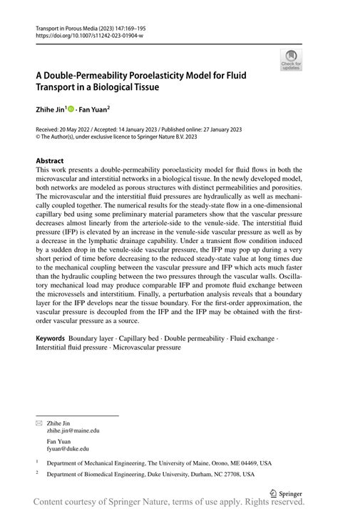 A Double Permeability Poroelasticity Model For Fluid Transport In A Biological Tissue Request Pdf