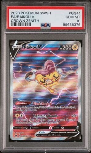 Pokemon Psa 10 Raikou Gg41 V Full Art Crown Zenith Card Ebay