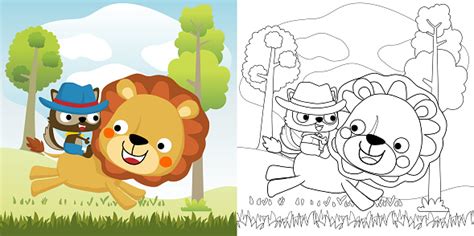 벡터 일러스트 레이 션 카우보이 의상을 입은 다람쥐의 색칠하기 책 자연 배경에 사자를 타고 교육에 대한 스톡 벡터 아트 및 기타 이미지 Istock