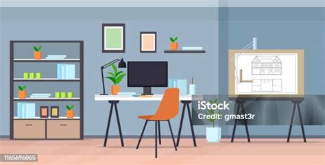 현대 초안 스튜디오 청사진 보드에 새로운 집 계획 빈 아니 사람 디자이너 건축가 작업장 사무실 인테리어 평면 수평 모던 양식에 대한 스톡 벡터 아트 및 기타 이미지 Istock