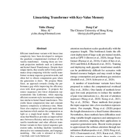 Linearizing Transformer With Key Value Memory Acl Anthology