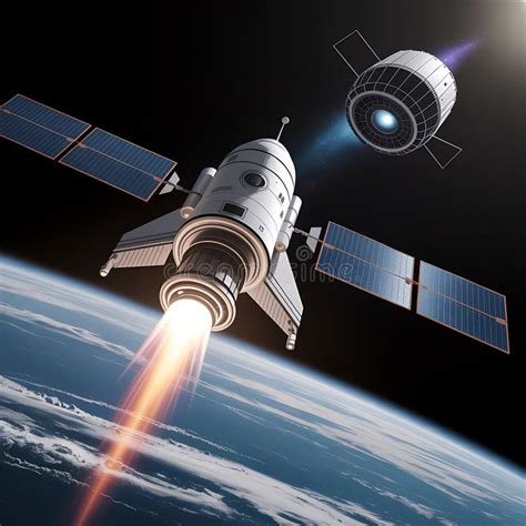 Spacecraft With Rocket Thrusters Firing Near Earth And Another