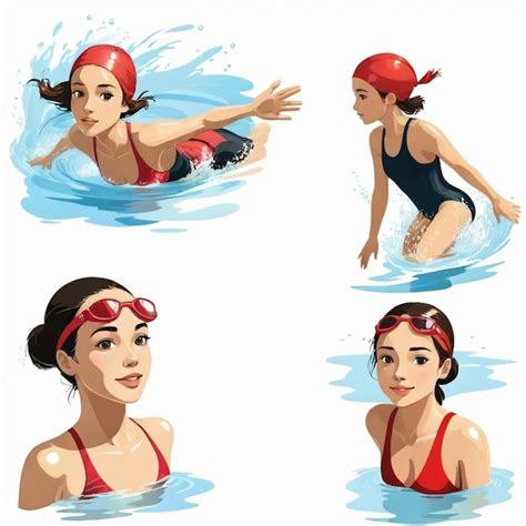 Girl Swimming Vector Set White Background Isolated Premium Ai