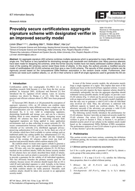 PDF A Provably Secure Certificateless Aggregate Signature Scheme With Designated Verifier In