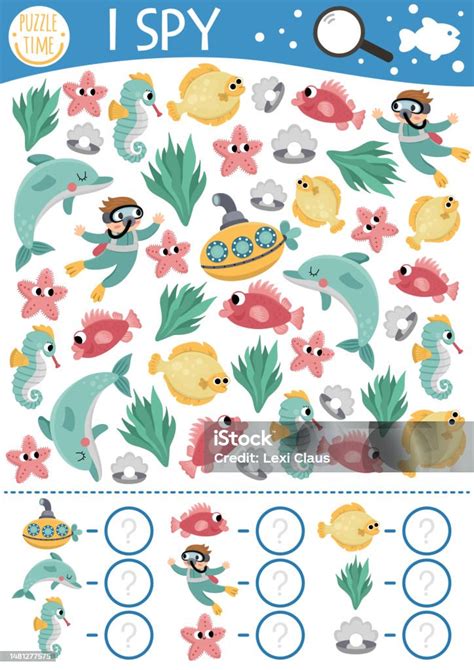 바다 밑에서 나는 아이들을위한 스파이 게임 물고기 다이버 잠수함 불가사리 돌고래와 함께 활동을 검색하고 계산합니다 미취학 아동을 위한 해양 생물 인쇄 가능한 워크시트 간단한