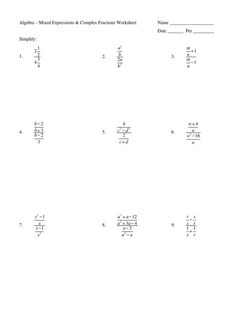 Simplifying Complex Fractions Worksheet Alg Mixed Expressions And Plex
