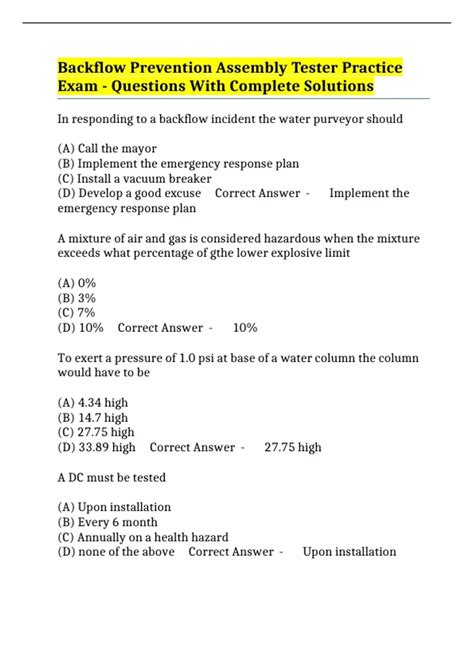 Backflow Prevention Assembly Tester Practice Exam Questions With Complete Solutions Backflow