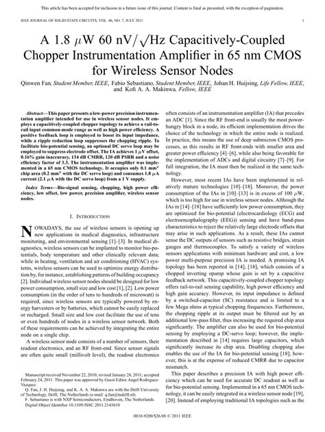 PDF A W NV Hz Capacitively Coupled Chopper Instrumentation Amplifier In Nm CMOS For
