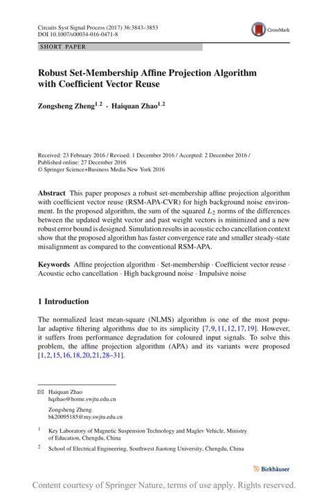 Robust Set Membership Affine Projection Algorithm With Coefficient Vector Reuse Request Pdf