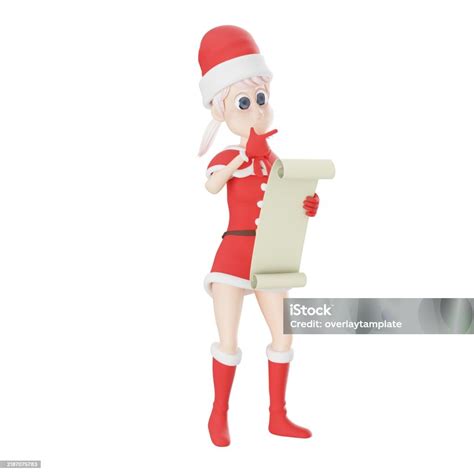 예술 만화 소녀 산타 클로스 여성 산타클로스 마스터가 왼손에는 목록이 담긴 긴 종이를 들고 오른손은 턱에 대고 서 있습니다 3d 캐릭터 아트 3차원 형태에 대한 스톡 사진