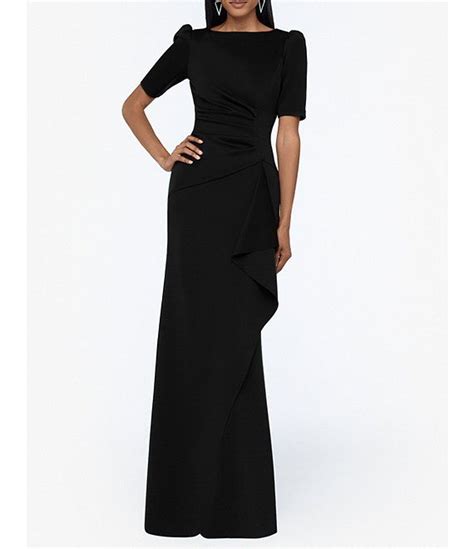 Xscape Round Neck Puff Shoulder Short Sleeve Ruffle Front Ruched Tulip