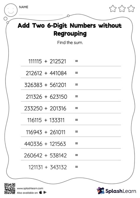 add two 6 digit numbers without regrouping horizontal addition worksheet