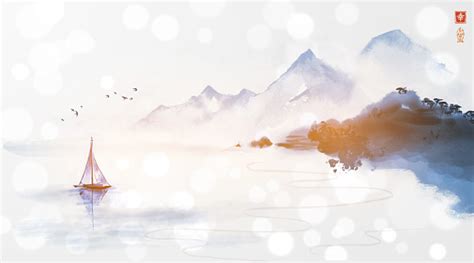 낚시 범선과 하얀 빛나는 배경에 나무가 있는 바위 해안이 있는 동양 일출 바다 전통적인 동양 잉크 페인팅 스미e U죄 고화 상형 문자 행복 회화에 대한 스톡 벡터 아트 및