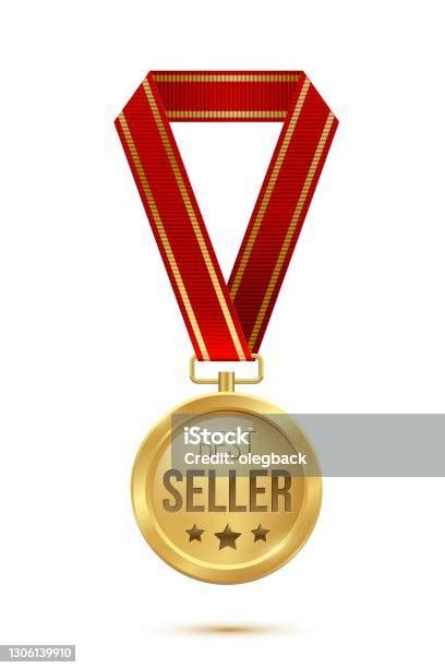 베스트 셀러를위한 빨간 리본으로 금메달 텍스트와 별 벡터 일러스트와 전문 황금 트로피 상 흰색 배경에 고립 된 대회에서 최고의