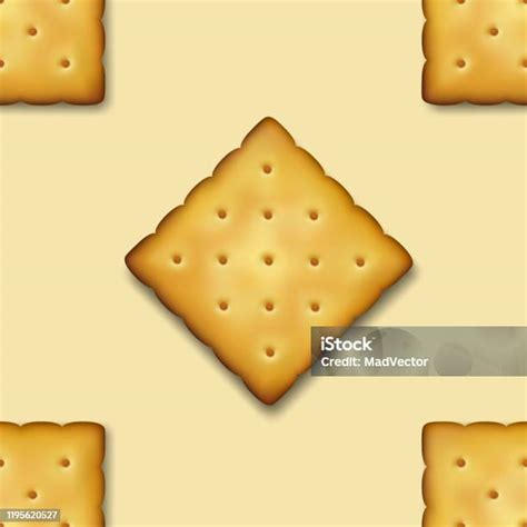 현실적인 벡터 3d 사각형 맛있는 쿠키 소박한 크래커 비스킷과 원활한 패턴 달콤한 쿠키 맛있는 크래커 아침 식사 간식의 디자인 템플릿 배경 화면 포장 섬유 인쇄 3차원