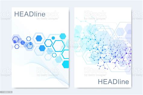 브로셔 커버 배너 전단지 연례 보고서 및 전단지에 대 한 최신 벡터 템플릿입니다 육각 분자 구조 과학 스타일의 미래 지향적 인 기술 배경 그래픽 헥 스 배경 건강관리와