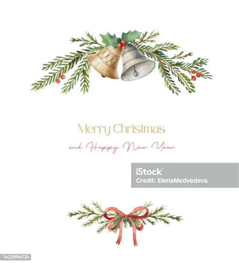 종과 전나무 가지가있는 수채화 크리스마스 벡터 화환 엽서 커버 전단지 카드 디자인 새해 초대장 결혼식을위한 휴일 장식 흰색 배경에 고립되어 있습니다 크리스마스에 대한 스톡