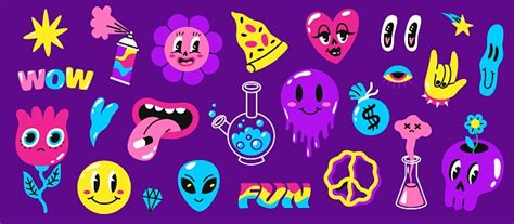 환각 기호 이상한 추상적 인 재미있는 요소 초현실적 인 여행 70 년대와 80 년대 트렌디 한 표지판 산성 밝은 색상 1960 년대 Toons 디자인 눈과 꽃과 심장 벡터