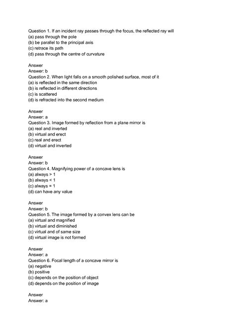 SOLUTION Mcq Questions For Class Science Light Reflection And Refraction With Answers