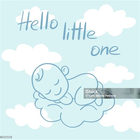 안녕하세요 아기 샤워를위한 인사말 카드와 아기의 탄생을 축하합니다 필적 구름 위에서 자는 아기 출산의 단순한 상징 0명에 대한