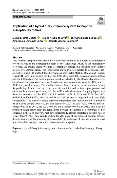 Application Of A Hybrid Fuzzy Inference System To Map The Susceptibility To Fires Request Pdf