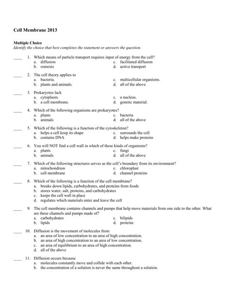 Cell Membrane Quiz 2013 Doc