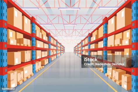 랙에 골판지 상자가있는 창고의 원근감 상점 공장 시장 하드웨어 상점에있는 저장 실의 내부 벡터 만화 일러스트레이션 창고에 대한 스톡 벡터 아트 및 기타 이미지 Istock