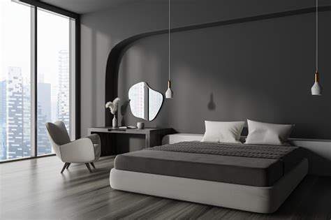 회색 침실 인테리어 안락의자가 있는 침대와 책상 파노라마 창문 모형 벽 0명에 대한 스톡 사진 및 기타 이미지 0명 3차원 형태 가구 Istock