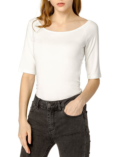 Allegra K Allegra K Womens Half Sleeves Scoop Neck Fitted Layering Top Soft T Shirt M Beige