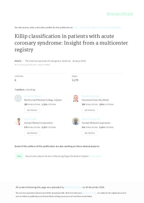Pdf Killip Classification In Patients With Acute Coronary Syndrome Insight From A Multicenter