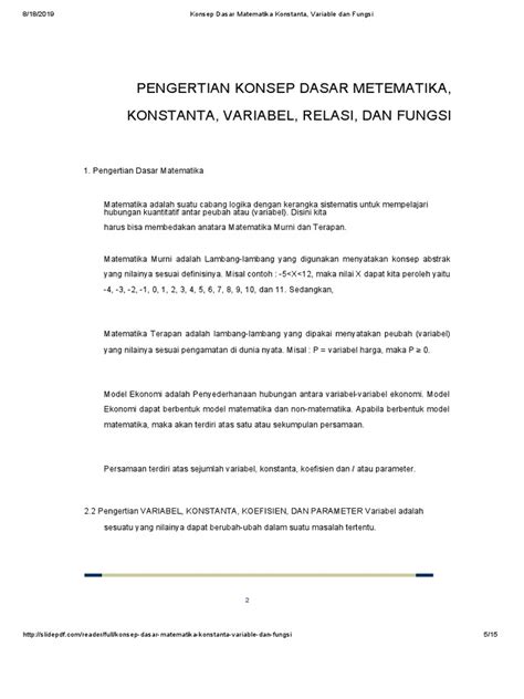 Konsep Dasar Matematika Konstanta Variable Fungsi Pdf