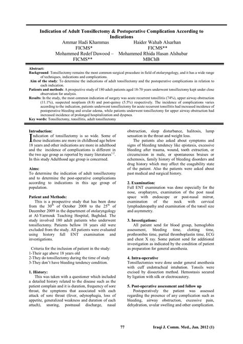 Pdf Indication Of Adult Tonsillectomy And Postoperative Complication