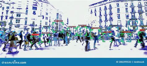 Face Recognition Technology Concept Illustration Of Big Data And Security In City With Crowd