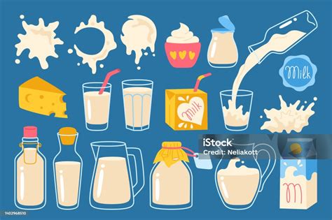 우유 방울 음식 만화 세트 농장 식료품 치즈 요구르트 유리 주전자 병 판지 패키지 디자인 우유에 대한 스톡 벡터 아트 및 기타 이미지 우유 건강한 식생활 낙농장