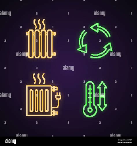 Air Conditioning Neon Light Icons Set Radiators Ventilation Climate Control Glowing Signs