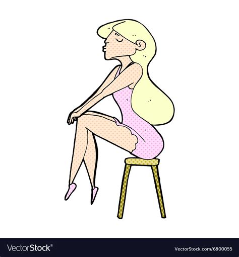 Comic Cartoon Woman Sitting On Stool Royalty Free Vector