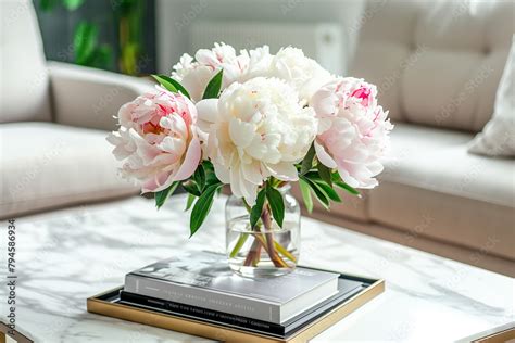 하이퍼 미니멀리스트 상업 사진 클로즈업 디테일 책이 놓인 현대적인 커피 테이블 꽃병에 담긴 쟁반과 모란 꽃 밝고 통풍이 잘되는 이미지 상징적 인 디자인 작품 천연