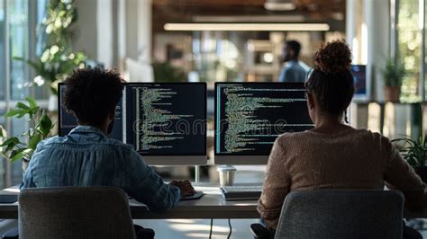 Two Software Testers African American Young Man And Woman Working In Office With Computer Coding
