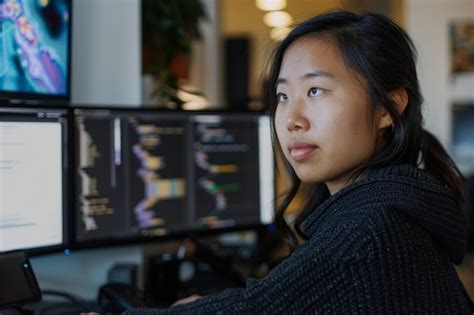 Premium Photo A Focused Asian Woman Sitting In Front Of A Computer
