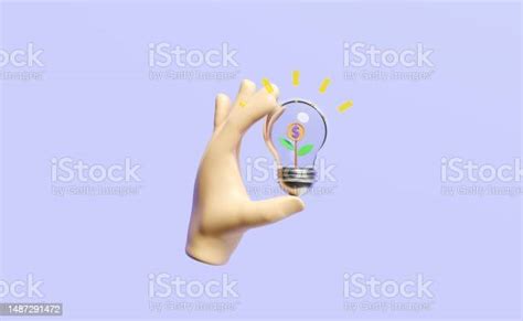 3d 손은 보라색 배경에 격리된 전구를 들고 있다 사업 아이디어 팁 은행 개념에 대한 나무 돈 아이콘 최소 추상 3d 렌더링