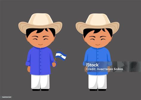 엘살바도르 남성 만화 캐릭터는 국기를 들고 전통 민족 의상을 입고 있다 살바도르 옷을 입은 남자 라틴 아메리카 격리된 평면 벡터 그림입니다 관광에 대한 스톡 벡터 아트 및