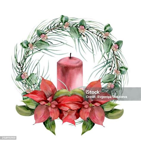 빨간 왁스 촛불 소나무 가지 눈 열매 및 빨간 전통 꽃 포인세티아 수채화 그림과 크리스마스 화환 손으로 그린 겨울 새해 요소 홀리 장식 초대장 카드 템플릿 12월에 대한