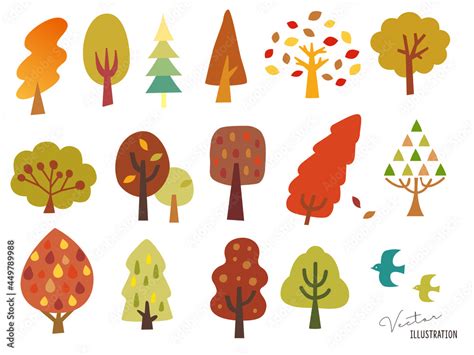 オシャレで可愛い秋のイラスト素材紅葉、葉っぱ、木、紅葉、北欧、枯葉、鳥 Fashionable And Cute Autumn