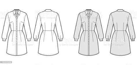 드레스 셔츠 기술 패션 일러스트와 긴 소매 몸에 맞는 무릎 길이 연필 스커트 버튼 클로저 설계도에 대한 스톡 벡터 아트 및 기타 이미지 Istock