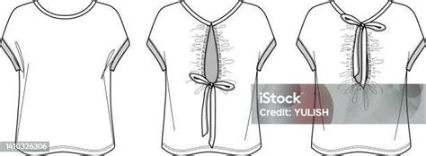 벡터 반소매 티셔츠 패션 Cad 열린 뒤 세부 기술 도면 템플릿 플랫 스케치와 여성 라운드 넥 탑 저지 또는 직물 블라우스 전면