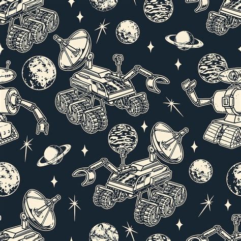 Space Robots Pattern Seamless Monochrome Premium Ai Generated Vector